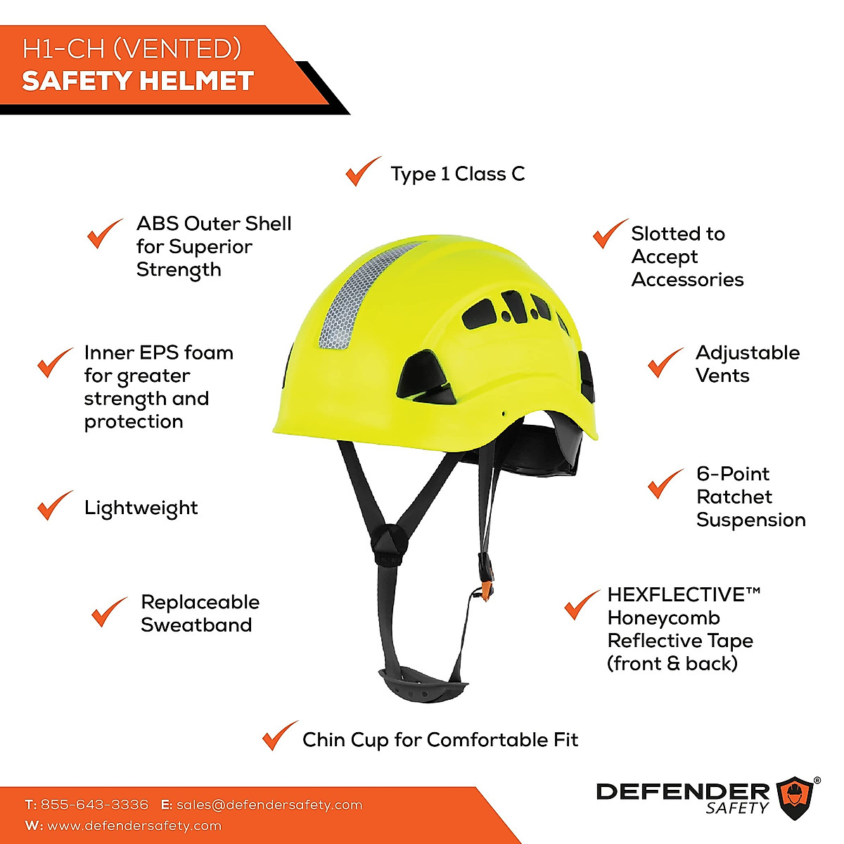 Defender Safety H1-CH Safety Helmet Hard Hat with Visor ANSI Z89.1 (Safety Yellow/w Visor)