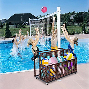 Flarhetoric Pool Float Storage PE Rattan Poolside Float Storage with Wheels & Side Shelves, Elevated Design for Dryness, for Patios, Gardens and Balconies, Grey