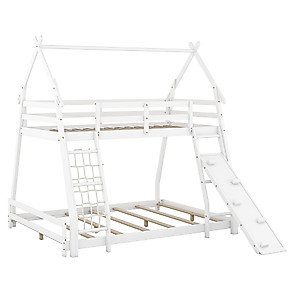 Harper & Bright Designs Twin Over Queen Bunk Bed with Climbing Nets and Climbing Ramp,Wooden Playhouse Bunk Beds for Kids,Girls & Boys,No Box Spring Needed, White
