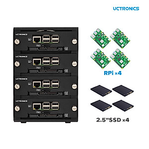 UCTRONICS Desktop Cluster Enclosure for Raspberry Pi, Up to 4 Pis and 2.5" SSD, Front Removable Trays, 12cm LED Cooling Fan for Raspberry Pi 5/4B/3B+/3B