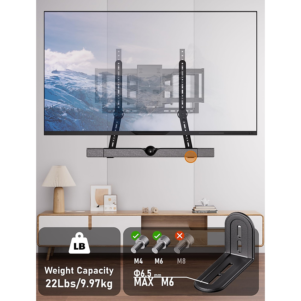 KAMIWI Soundbar Mount Bracket,SoundBar Mounts Under TV or Above TV,Soundbar TV Mount with 180° Adjustable Extension Plates and L-Shaped Hooks,Sturdy Soundbar Mounting Holder Max Load 22 Lbs