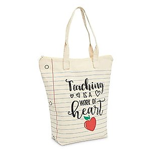 Sparkle and Bash Canvas Tote Bag for Teacher Appreciation Gifts, Teaching is a Work of Heart (14.5 x 15 x 6 In)