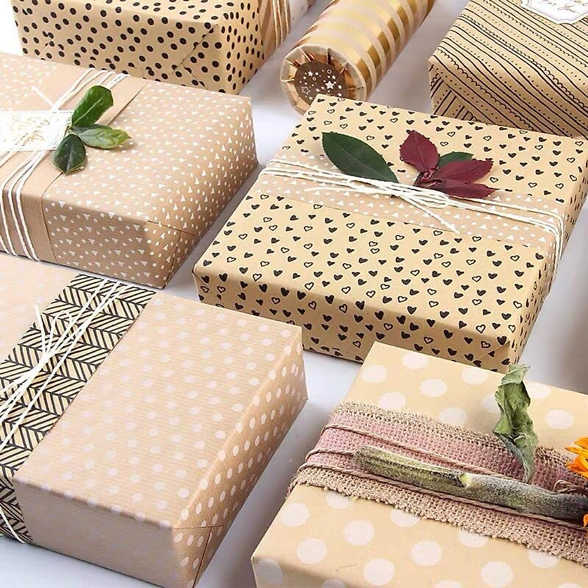 WOPARTY Wrapping Paper Sheets - Folded Flat - Birthday Wrapping Paper Set Included 6 Pack Gift Wrap Paper with Ribbon,Tag,Kraft Brown for Birthday,Bridal Baby Shower,Weddings,Graduations,More...