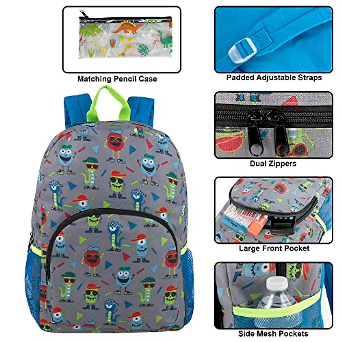 Trail maker Boys Backpack and Pencil Case Set for Kindergarten, Elementary School, 17 Inch Kids Backpack with Side Pockets (Spirited Sports Fans)