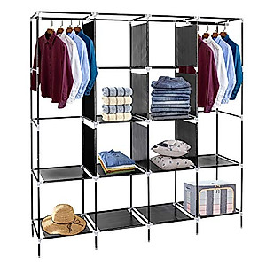 Knocbel 67" Tall Freestanding Closet Organzier Clothes Garment Rack Dustproof & Waterproof Fabric Cover with Storage Shelves 2 Hanging Rods & 4 Side Pockets (Black)