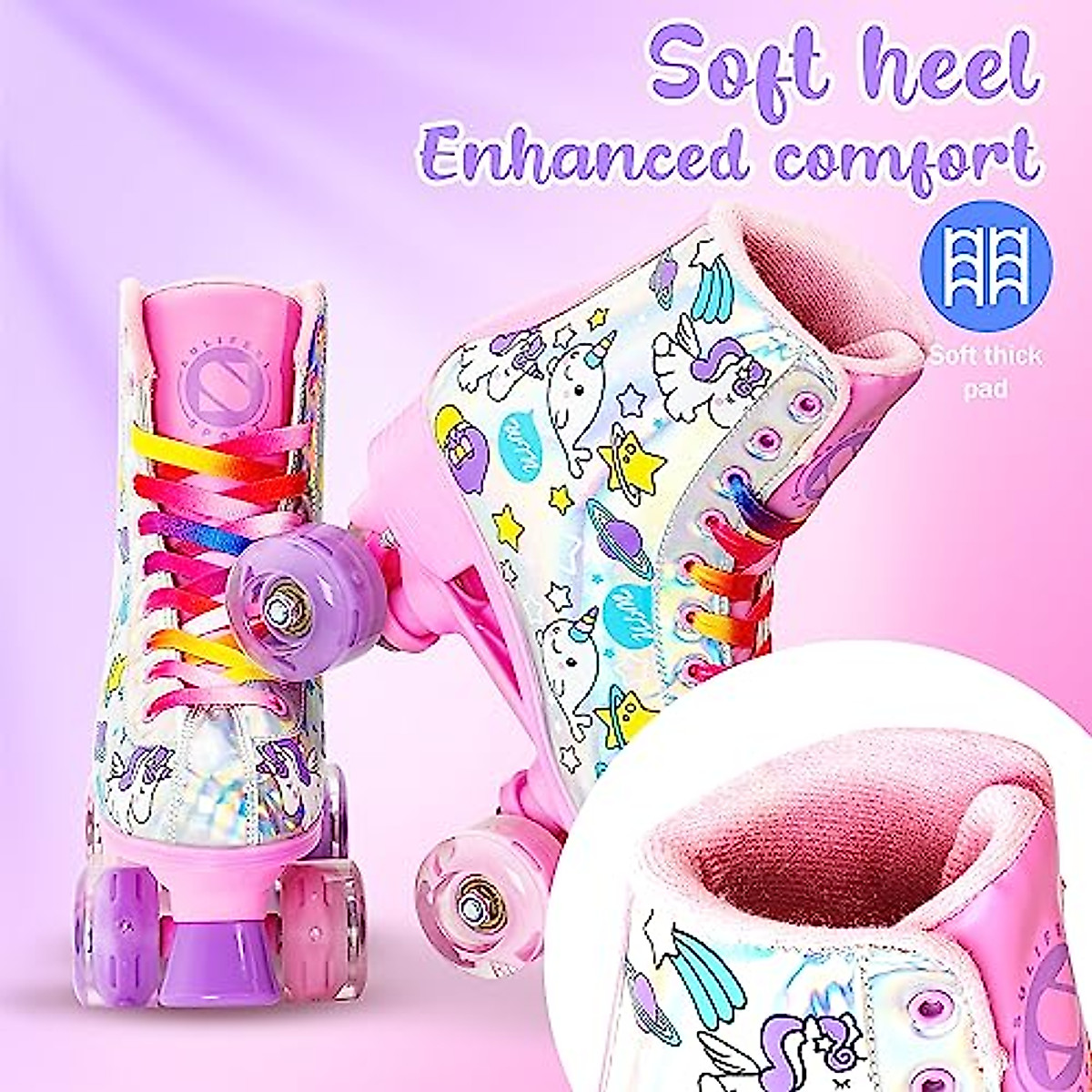SULIFEEL Rainbow Unicorn Roller Skates for Girls Light up Wheels Womens Quad Skates with High Top Reflective TPU Leather Unicorn