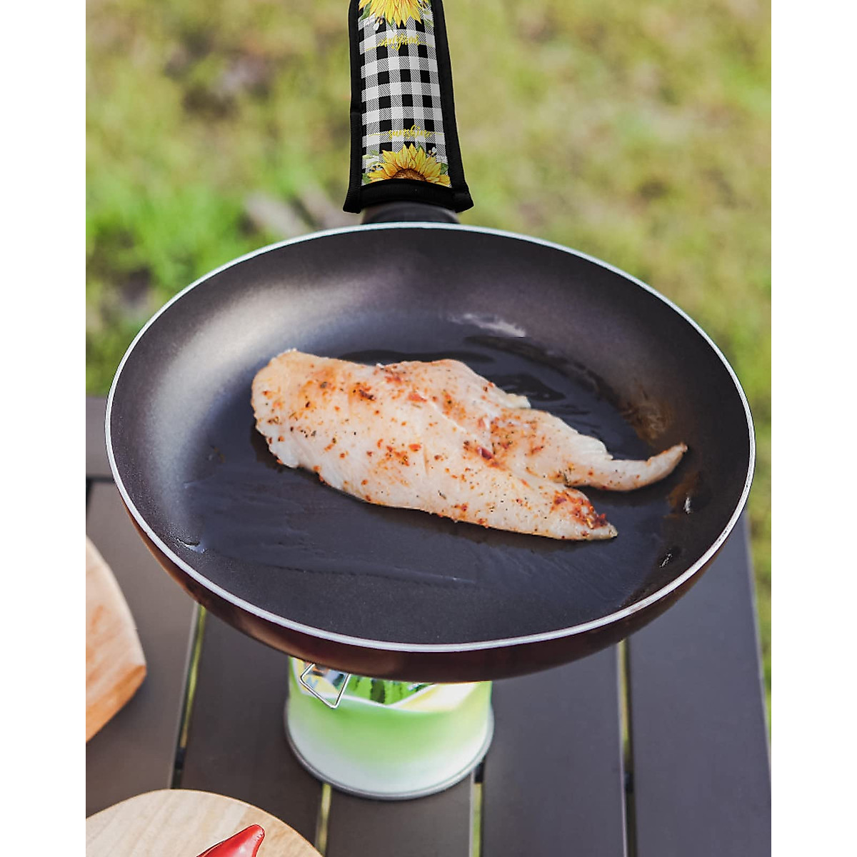 2 Pack Cast Iron Handle Cover, Sunflower Pot Holders Covers Heat Insulation, Spring Floral Summer Botanical Black Plaid Skillet Handle Cover Hot Pan Handle Sleeve for Kitchen Cooking Cookware