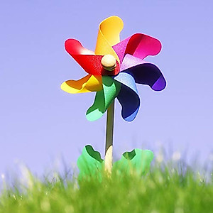 Jucoan 20 Pack Rainbow Pinwheels, 9.8 Inch Plastic Colorful Windmills with Wood Sticks, Pre-Assembled Party Favor Wind Spinners for Garden, Yard Decoration.