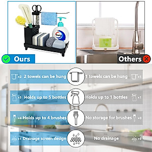 Kitchen Sink Caddy Sponge Holder with Drain Tray, Removable Sink Organizer for Dish Brush,Plastic & Stainless Steel Dish Rag Soap Holder, Non-Slip Dish Brush Holder Storage for Kitchen Counter