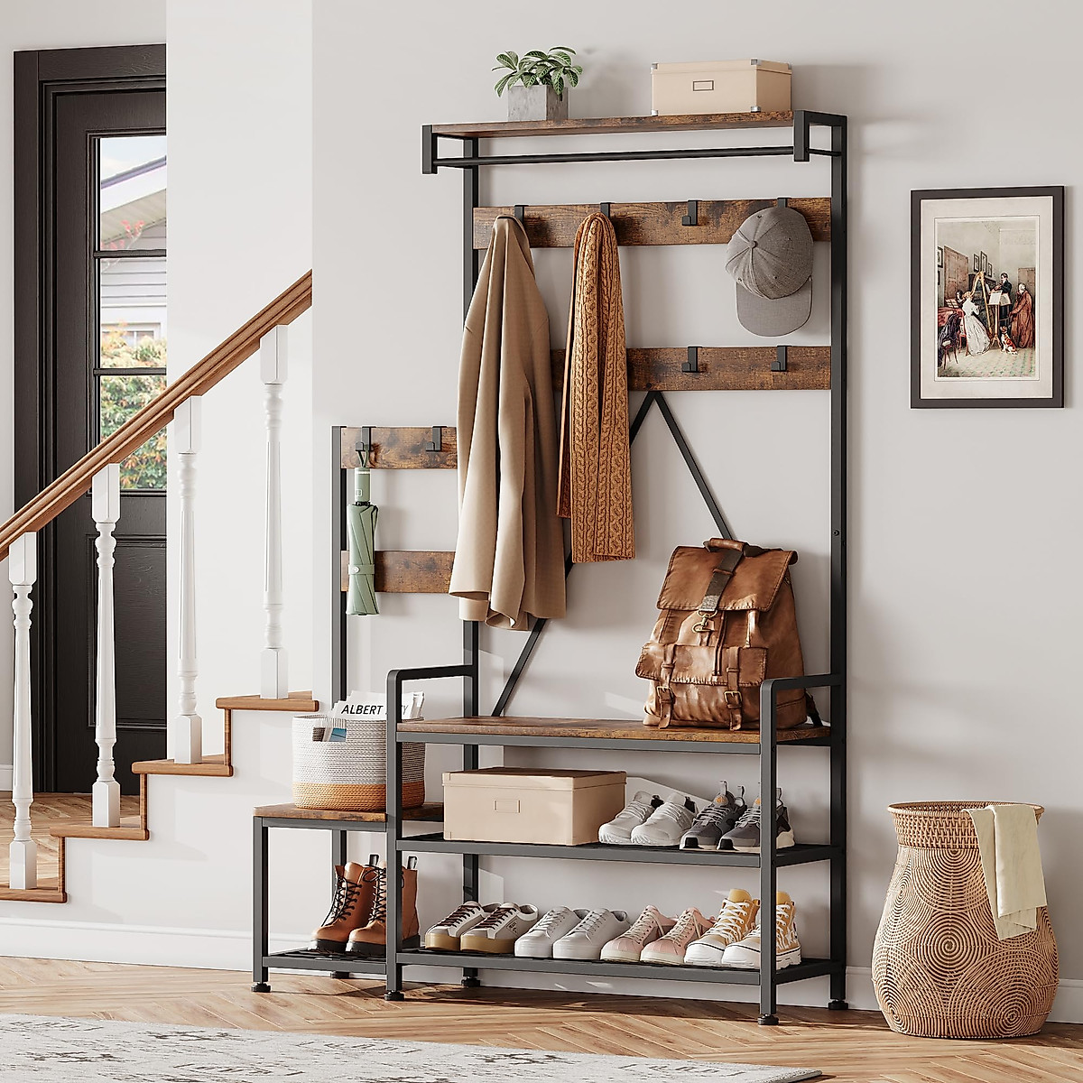 IDEALHOUSE Hall Tree with Bench and Shoe Storage Parent-Child Coat Rack Shoe Bench Industrial Coat Tree Entryway Large Organizer with Shoe Rack, Storage Cubbies, Hooks, and Top Shelf