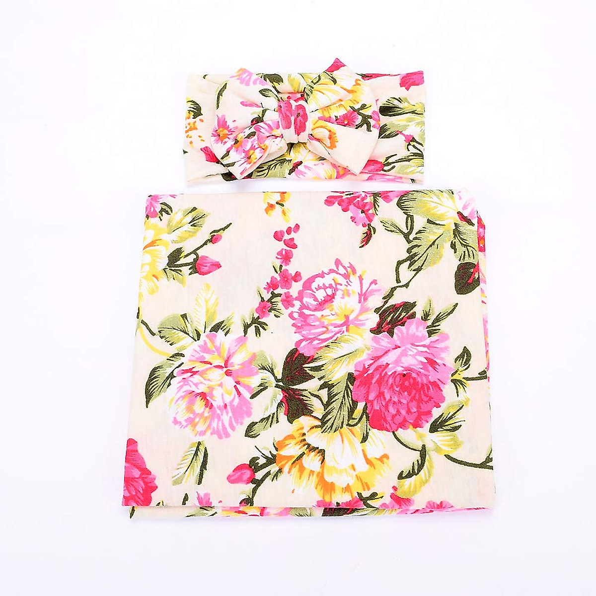 Little Jump 3 Sets Nerborn Receiving Blanket and Headband Set Flower Print Baby Swaddle Wrap Floral Baby Blankets for Girls and Boys.