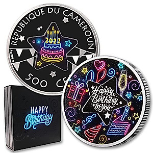 2022-17.5 g Cameroonian Proof Silver Happy Birthday Colored Coin in Contemporary Latex Case with Certificate of Authenticity 500 CFA Francs Seller Proof