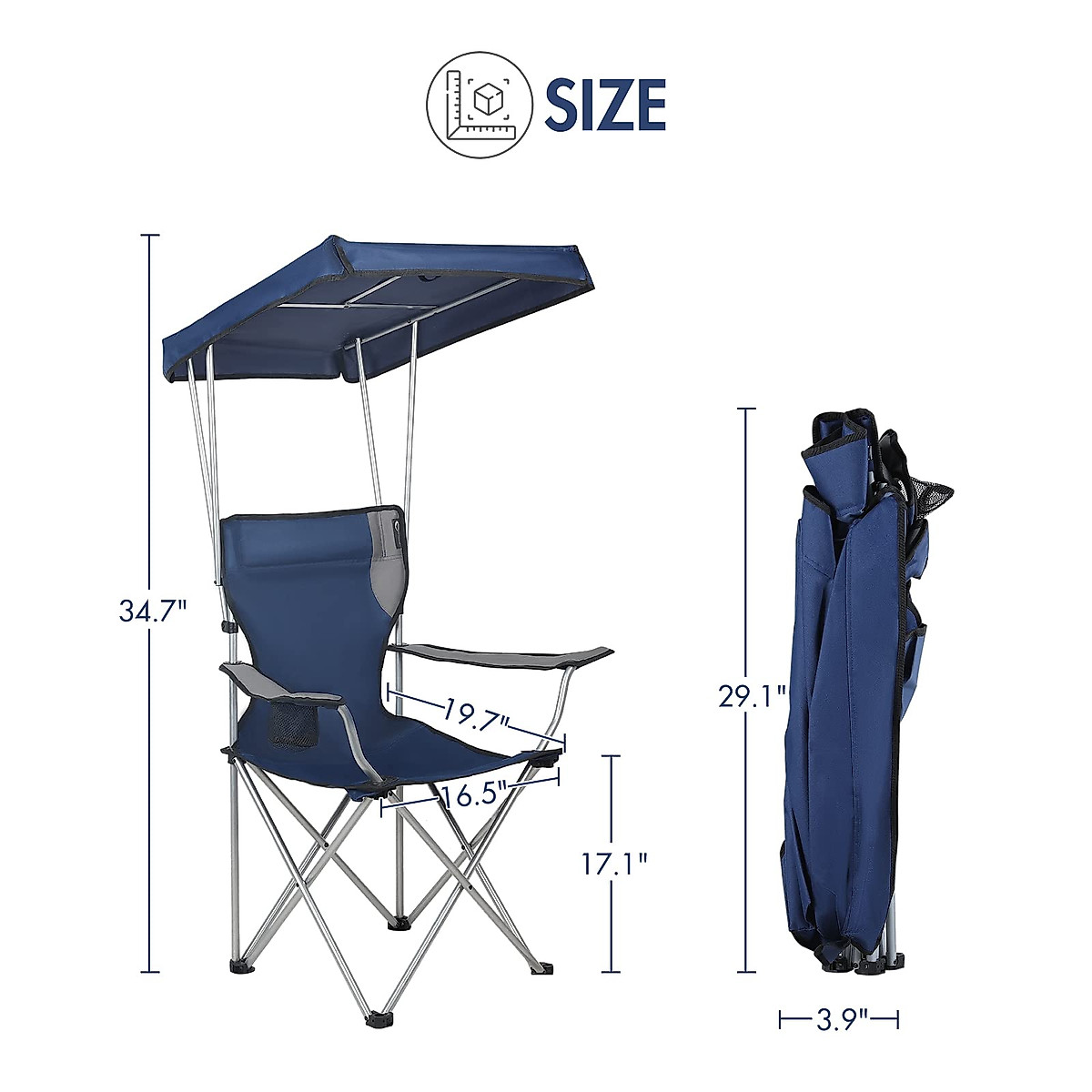 PORTAL Folding Sun Protection Lawn Chair with Canopy and Cup Holder for Outdoor Camp Park Patio Beach Picnic, Support 300 LBS, Blue/Grey