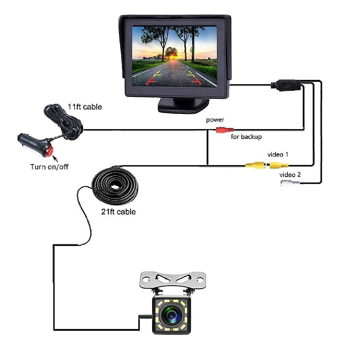 Backup Camera 4.3 Inch HD 1080P Car Backup Camera for Cars, Trucks, Pickups, Suvs Easy Installation Waterproof Night Vision 12 LED Rear Backup Camera One Power System Reverse/Continuous Use Grid Lines