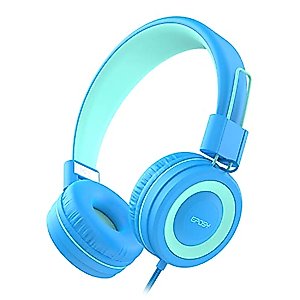 Eposy Kids Headphones, E10 Wired Headphones for Kids Foldable Stereo Bass Headphones with Adjustable Headband, Tangle-Free 3.5 mm Jack for School, On-Ear Headset for Boys Girls Cellphones(Blue/Green)