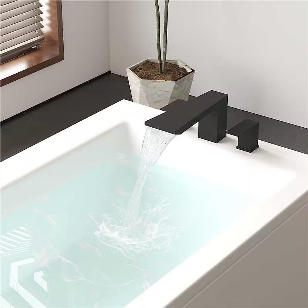 BESy Waterfall Roman Tub Faucets, Deck Mount Bathtub Faucets Set, Garden 3 Holes Two Handles Widespread Bath Tub Filler Soaking Jacuzzi Tub Faucets with Valve, cUPC Supply Hoses, Matte Black