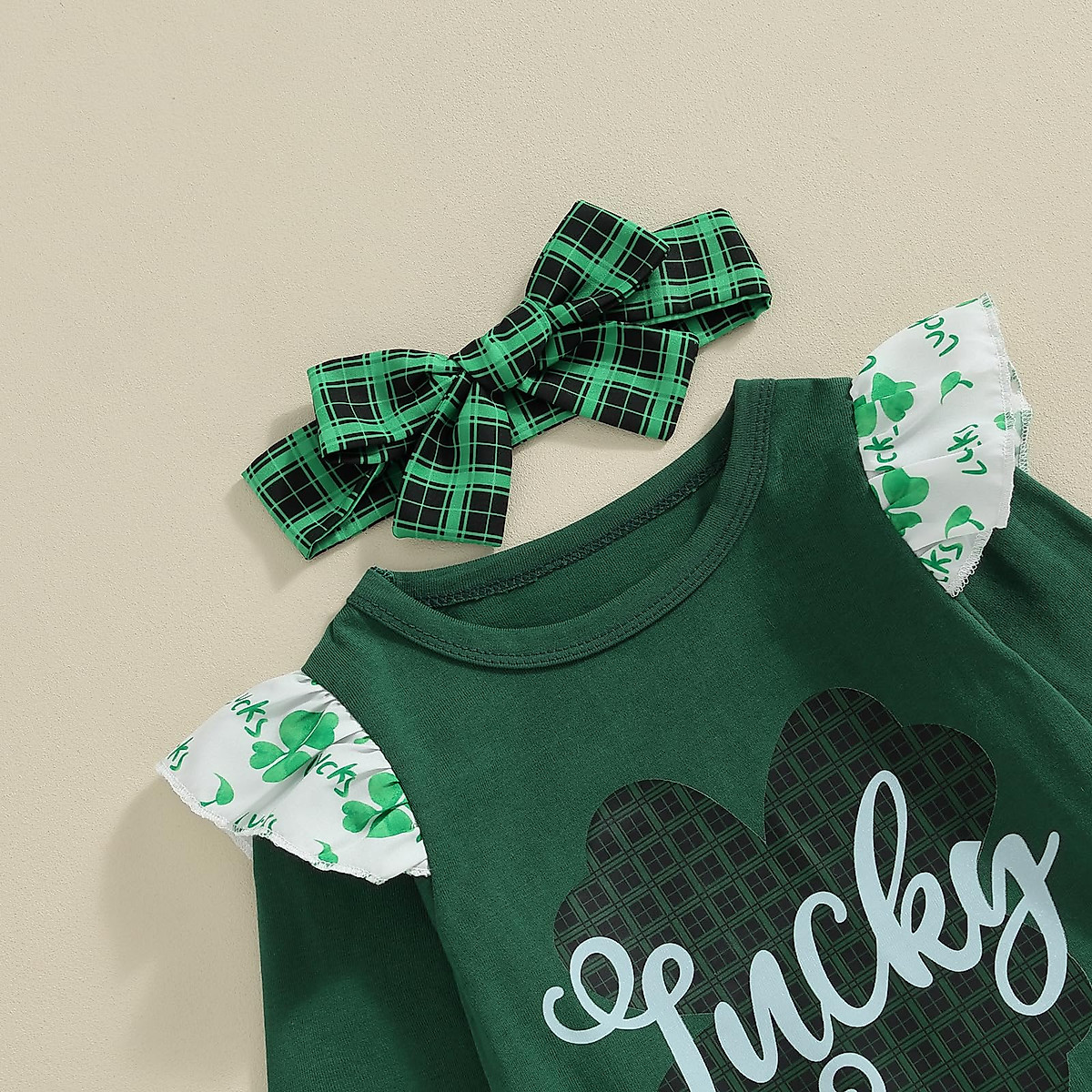 Newborn Baby Girl St. Patrick's Day Outfit Long Sleeve Four Leaf Clover Romper Ruffle Bodysuit Jumpsuit Headband Set (Green, 0-3 Months)