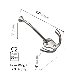 HARPOON 2 Pack Heavy Duty Three Flared Prongs Coat Hooks, Wall Mounted with 6 Screws, Retro Tri-Hook, Utility Hooks for Scarf, Bag, Towel, Key, Cap, Cup, Hat Satin Nickel