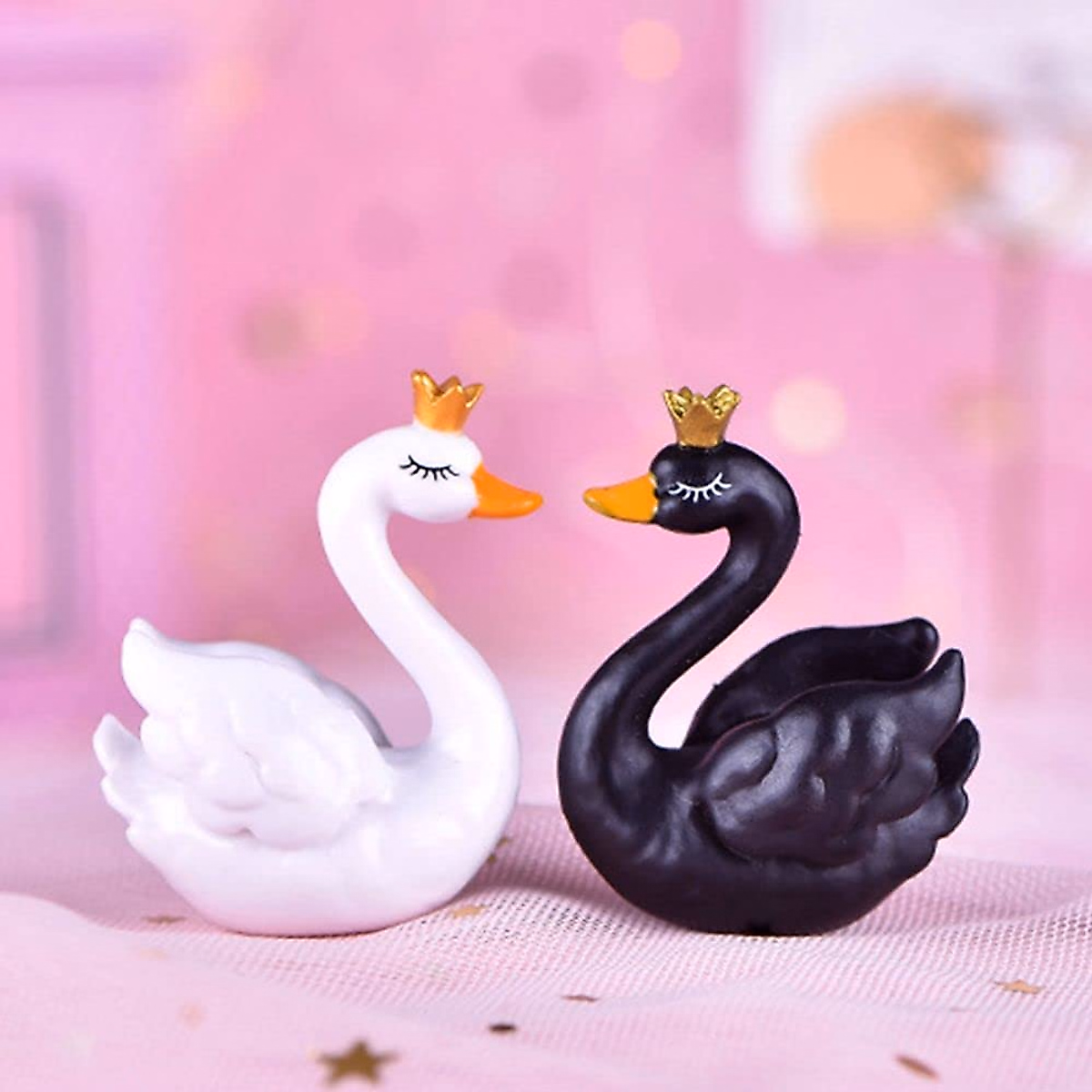 REBABA Mini Crown Swan Figurines, Miniature Fairy Garden Ornaments for Home Decor Micro Landscape Crafts Wedding Gifts Bonsai Decor(White)