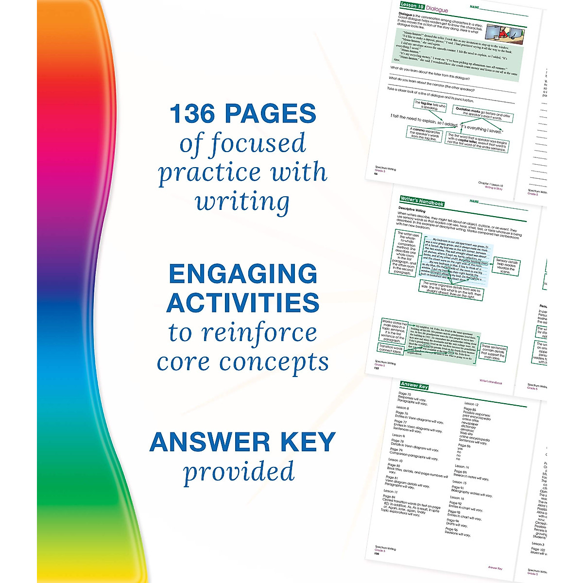 Spectrum 5th Grade Writing Workbooks, Ages 10 to 11, Grade 5 Writing, Informative, Persuasive, News Report, Article, and Story Writing Prompts, Writing Practice for Kids - 136 Pages