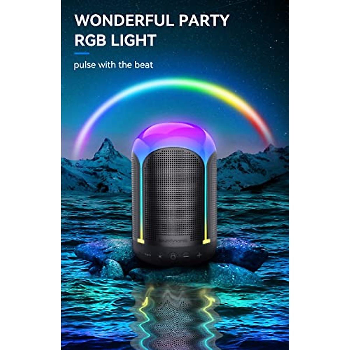 soundynamic Vibe Portable Bluetooth Speaker, Wireless Speaker with RGB LED Light, IPX7 Waterproof, TWS Pairing, Stereo Sound, Stronger Bass, APP Control, Bluetooth 5.0 for Party Beach Outdoor - Black