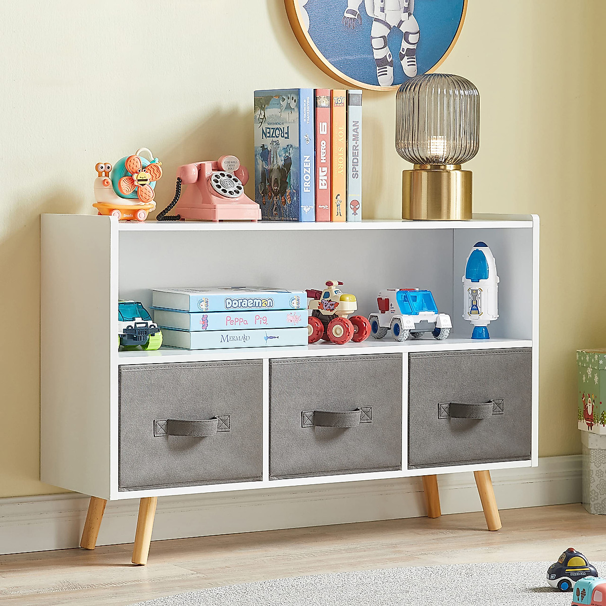 GTOLV Toy Storage Organizer, Kids Bookshelf with Collapsible Fabric Drawers and Pine Legs, Perfect for Organizing Toys and Books in Playroom, Nursery or Children's Room