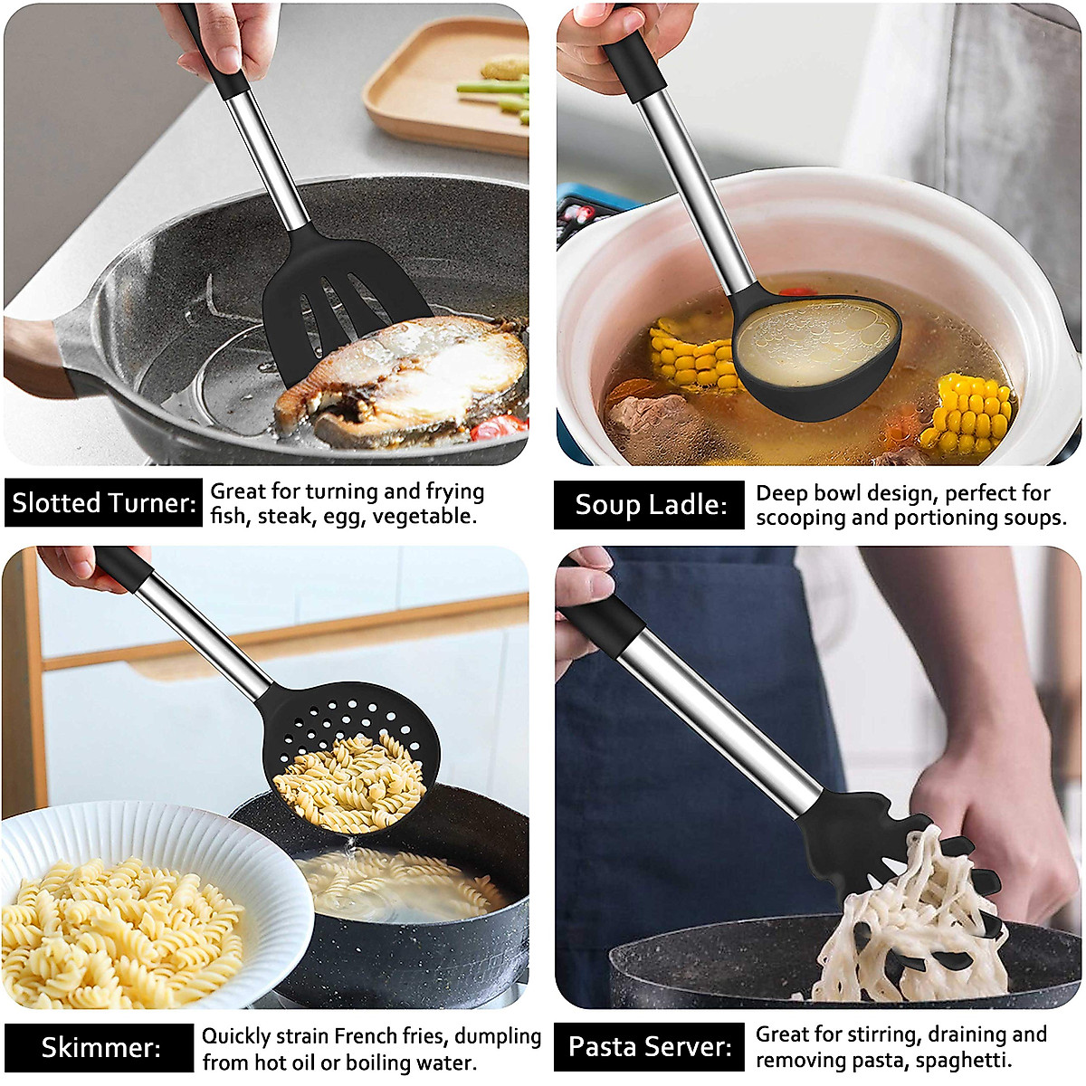 LIANYU 43 Pcs Kitchen Cooking Utensils Set, Silicone Cooking Utensils Spatula Set with Holder, Heat Resistant Kitchen Gadgets Tools for Nonstick Cookware Set, Stainless Steel Handle, Black