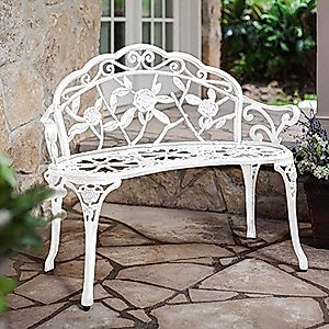 HOMEFUN Patio Outdoor Bench, White Cast-Aluminum Garden Benches Metal Loveseat Outdoor Furniture for Park Lawn Front Porch