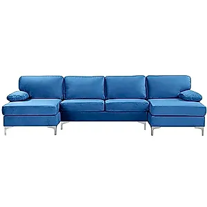 Casa Andrea Milano U-Shape Velvet Fabric Sectional Sofa Couch with Double Extra Wide Chaise, Couch for Living Room Apartment Lounge, Navy