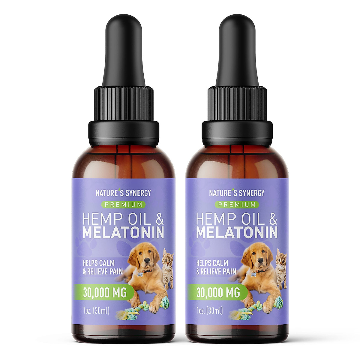 Nature's Synergy Melatonin and Hemp Oil for Dogs, Cats & Pets, 2 Pack, Calming Sleep Support, Omega Fatty Acids for Hip and Joint Support, Skin and Coat Health, Stress from Travel, Separation