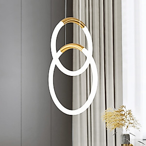 PENACINY Modern LED Pendant Light Fixtures, 22W Adjustable 2 Ring Gold Pendant Lighting,Circular Hanging Chandelier for Kitchen Island Dining Room Bedroom Entryway Hallway,D11.8+D 9.8" 4000K