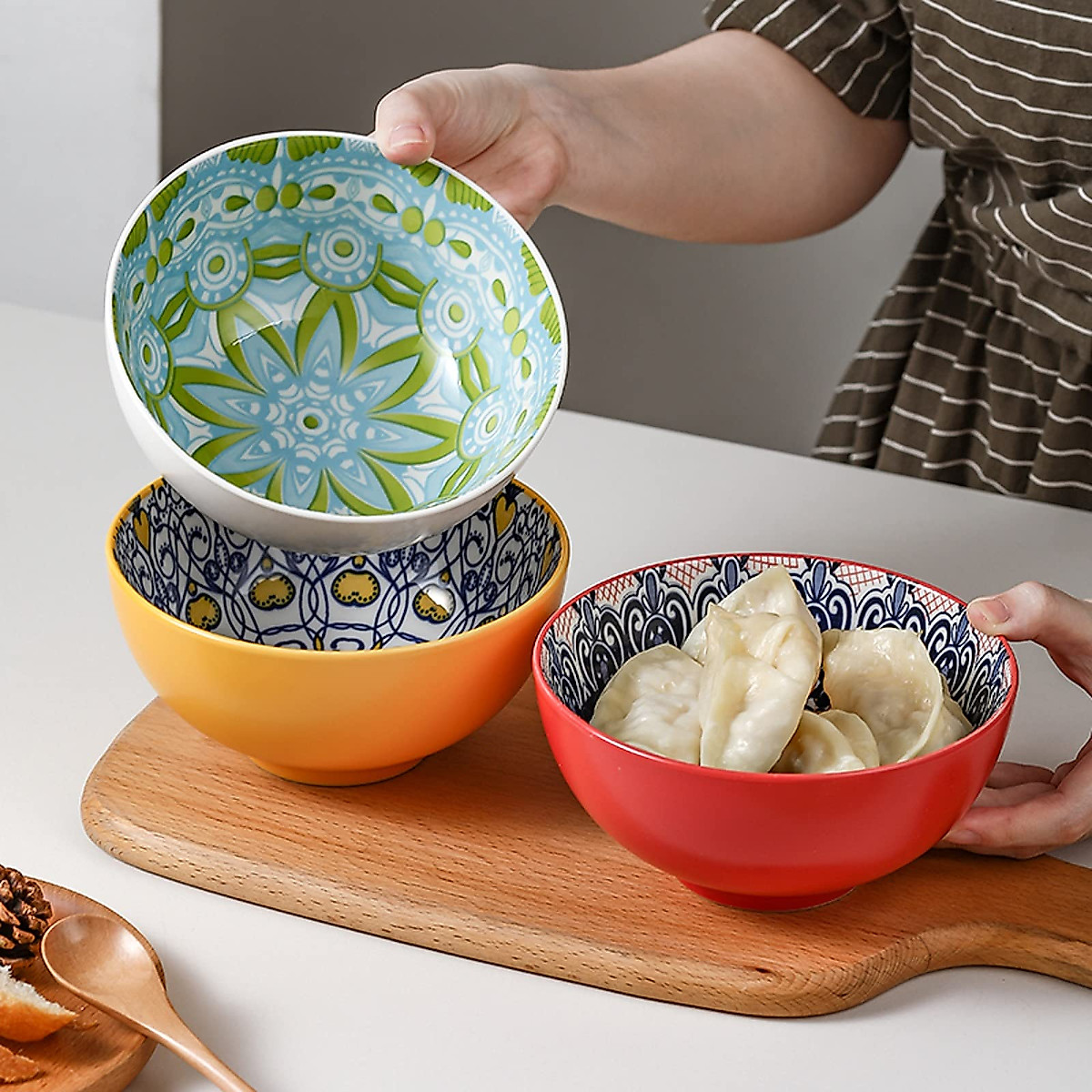 Ceramic Soup Bowls, Cereal Bowls Set of 6, 22 oz Bowls for Kitchen, Colorful Bowls for Cereal Soup Salad Pasta Rice Oatmeal Dessert, Dishwasher & Microwave Safe, Bowl Set for kitchen, Ceramic Bowls