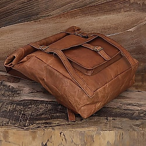 Gbag (T) Leather Vintage Roll On Laptop Backpack Rucksack Travel Bag Best Rucksack for Work Brown Leather Roll Top Backpack Laptop Bag for Men and Women