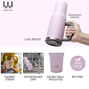 40 oz Insulated Tumbler with Handle, Stainless Steel Straw and silicone sleeves, Leakproof Travel Mug for Water, Iced Tea or Coffee, Insulated Cup Gifts for Women & Men, Purple