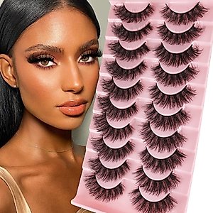 MilyBest Lashes False Eyelashes Faux Mink Cat Eye Lashes Fluffy Pestañas Postizas Wispy D Curl Volume Lashes Look Like Extension Pack Fake Eyelashes 10 Pairs