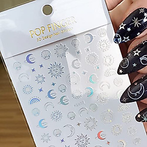 9 Sheets Laser Sun Stars Moon Nail Art Stickers Decals 3D Self-Adhesive Aurora Nail Decals Gold Sliver Designs Stars Nail Stickers for Women Nail Art Supplies DIY Luxury Designer Nail Decorations