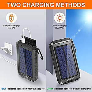 Solar Charger, Leaboat 20000mAh Portable Outdoor Waterproof Solar Power Bank, Camping External Backup Battery Pack Dual 5V USB Ports Output, 2 Led Light Flashlight with Compass (Black)