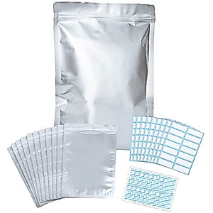 25 Mylar Bags with 25 Oxygen Absorbers - Large 1 Gallon Gusseted Bag 40 Labels for Food Storage - 5mil Resealable Packaging with Food Grade Absorber To Keep Out Moisture, Light & Oxygen for Long Storage