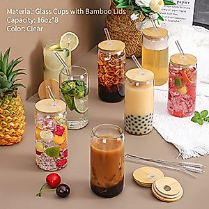 Drinking Glasses with Bamboo Lids and Glass Straw 8pcs Set, 16oz Beer Glasses Glass Cups, Iced Coffee Glasses, Ideal for Whiskey, Soda, Tea, Great Gift + 2 Cleaning Brushes