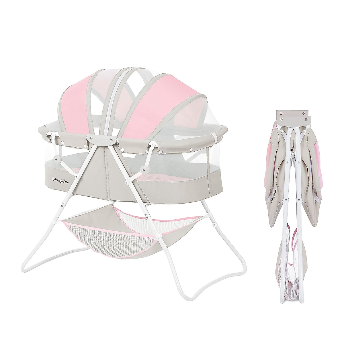 Karley Baby Bassinet in Grey and Pink, Lightweight Portable, Quick Fold and Easy to Carry , Adjustable Double Canopy, Indoor and Outdoor with Large Storage Basket.