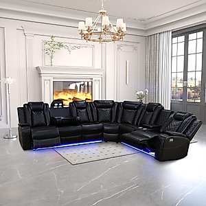 Ocstta Leather Power Recliner Sectional Sofa with LED, Power Reclining Sectional Couch, Breathing Leather Sofa Couch with USB Port&Cup Holder for Living Room (Living Room Set,Black)