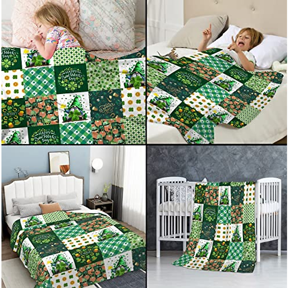 Abaysto Gnome Blanket St. Patrick's Day Blanket for Kids Super Soft Flannel Fleece Throw Blankets Lucky Clover Lightweight Cozy Warm Fuzzy Plush Microfiber Blankets for Couch Bed Sofa 40''x50''