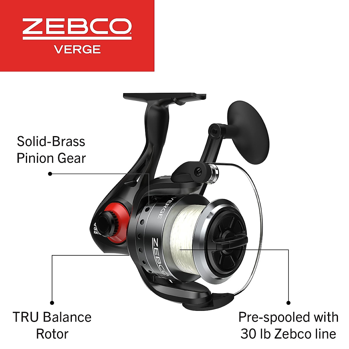 Zebco Verge Spinning Fishing Reel, Size 80 Reel, Changeable Right- or Left-Hand Retrieve, Pre-Spooled with 30-Pound Zebco Fishing Line, All-Metal Gears, TRU Balance Rotor, Black