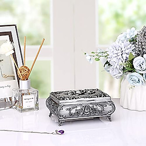 ELLDOO Vintage Music Box, Silver Metal Musical Jewelry Box Keepsake Box, Small Trinket Jewelry Storage Box Gift for Girl Women (Tune: You are My Sunshine)
