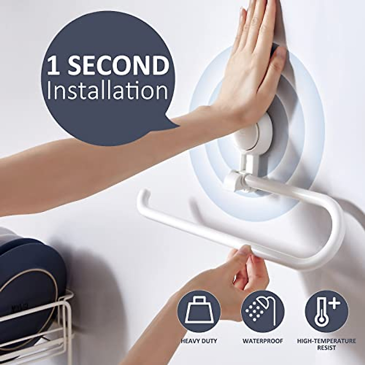 TAILI Suction Cup Paper Towel Holder Under Cabinet, No Drilling Plastic Paper Towel Rack for Kitchen, Reusable Paper Towel Hanger, Wall Mount Paper Towel Holder White