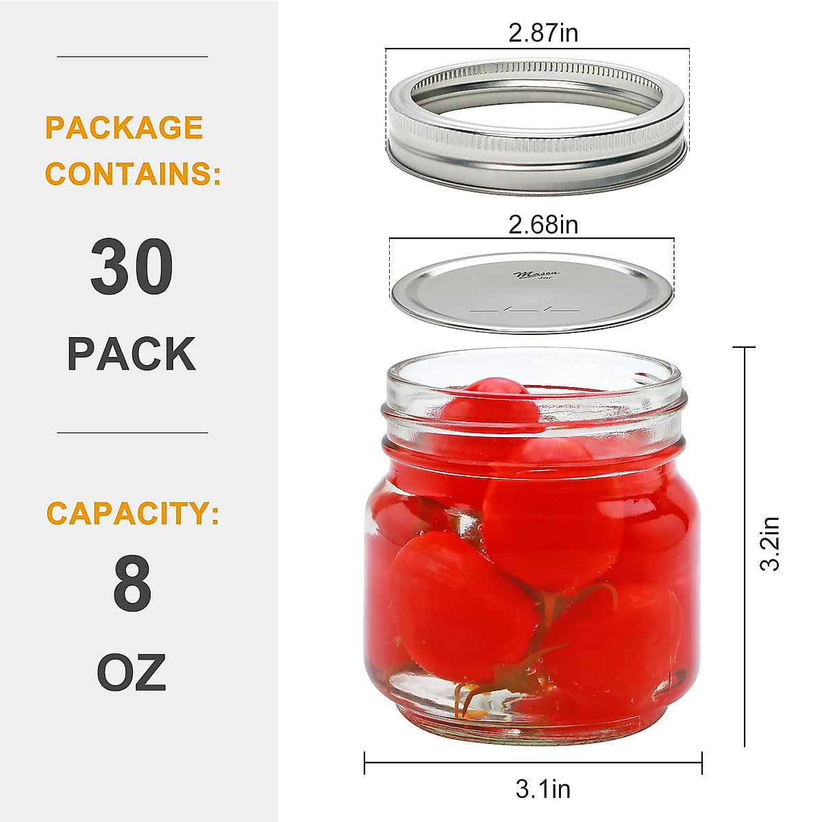 Small Glass Mason Jars, 8 oz Glass Jar with Lid 30 Pack,Half Pint Canning Jars with Silver Lids,Storage Pickling Jars For Jelly, Jam, Honey, Pickles and Spice