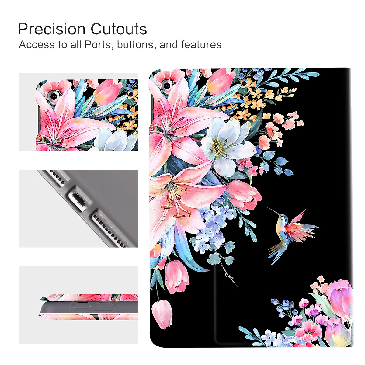 Vimorco Case for ipad 9th Generation 2021, Case for ipad 8th/7th Generation 2020/2019, Pu Leather Adjustable Stand Cover for Apple ipad 10.2 inch, Black Hummingbirds & Flowers