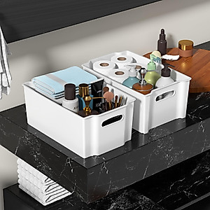 Hommp 4-Pack Plastic Storage Bin, Stackable Pantry Organizer Bins, White