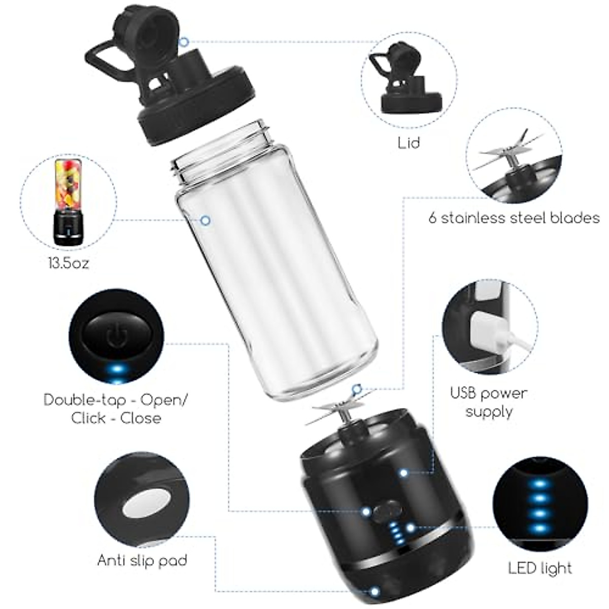 Kqiang Portable Blender, USB Rechargeable, 400ml Capacity, 360 High-Speed Cutting and Mixing, Six Blade Design, Black