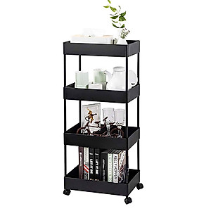 4 Tier Rolling Cart Slim Storage Cart with Wheels Slim Slide-Out Storage Organizer Cart for Kitchen Pantry Living Room Narrow Space, Black